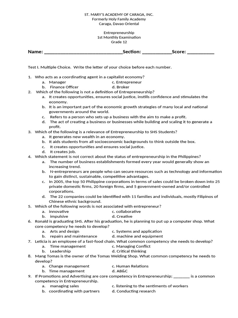 Grade 12 Entrepreneurship Exam Guide | PDF