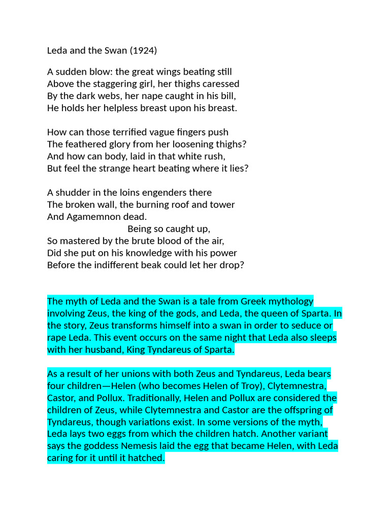 Leda and the Swan | PDF | Helen Of Troy | Clytemnestra