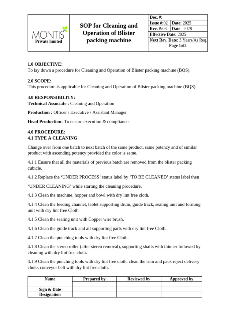 SOP for Blister Packing Machine Cleaning | PDF