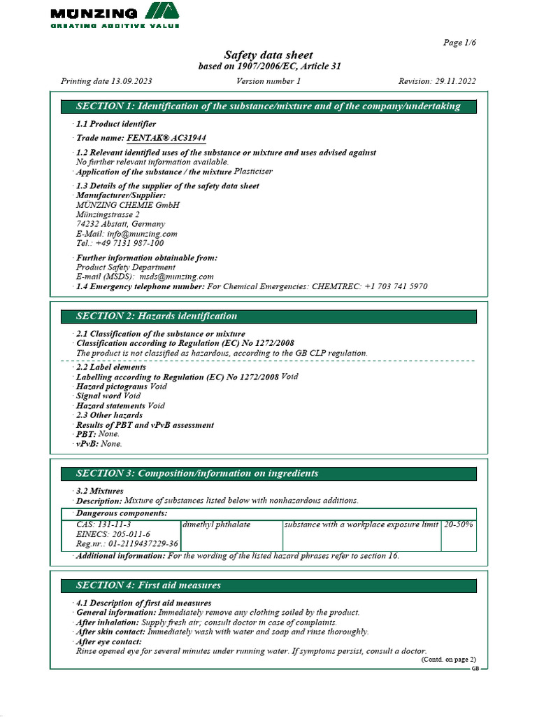 msds_FENTAK®_AC31944_01_GB_ | PDF | Dangerous Goods | Toxicity