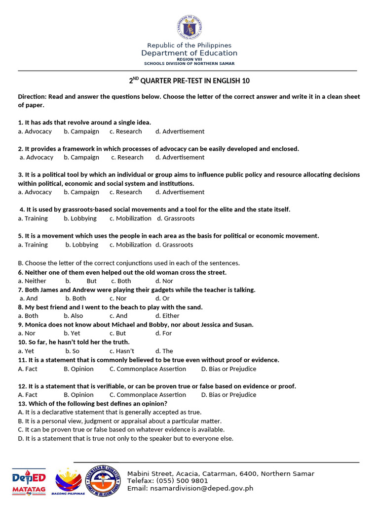 English 10 2nd Quarter Pre-Test Guide | PDF | Human Communication