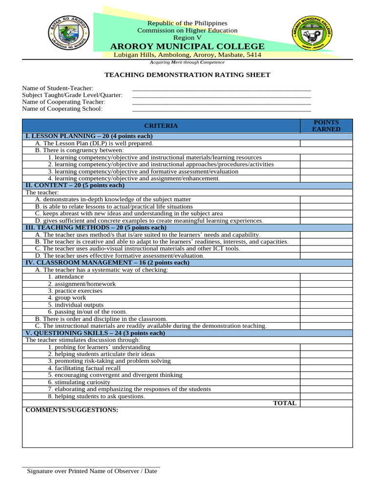 Teaching Demonstration Rating Sheet | PDF | Teachers | Learning
