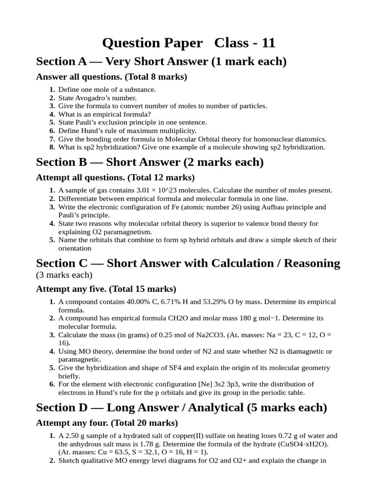 Class 11 Chemistry Question Paper | PDF | Molecular Orbital | Molecules