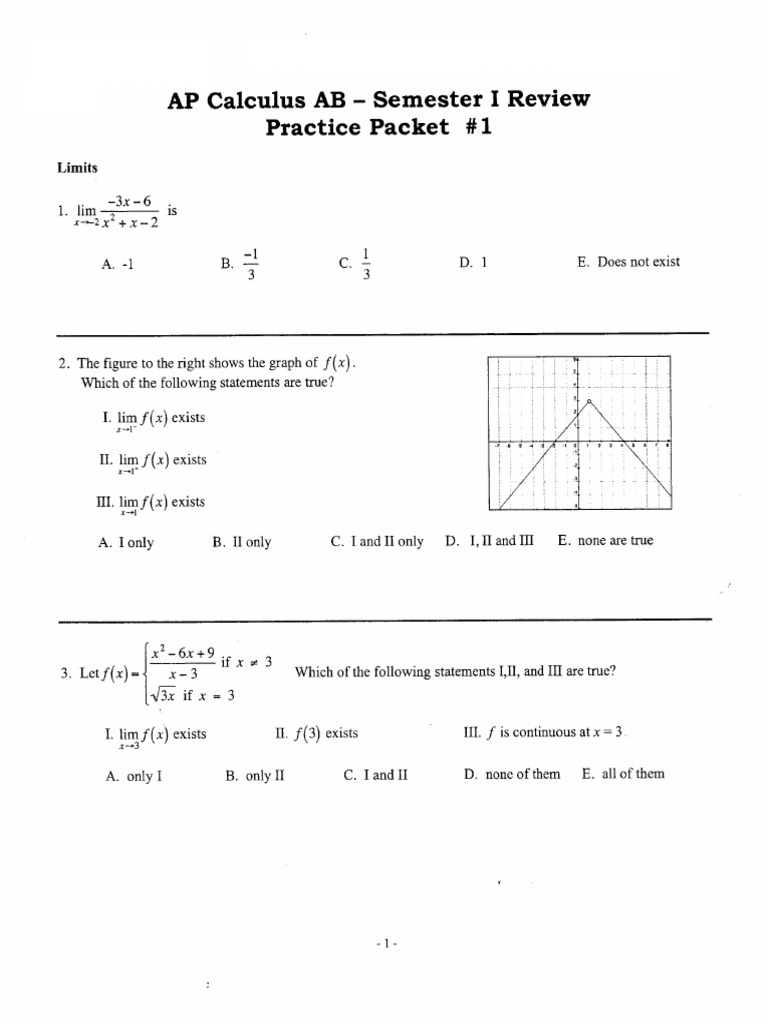 AP Calculus AB - Semester 1 Review - Packet 1_new | PDF