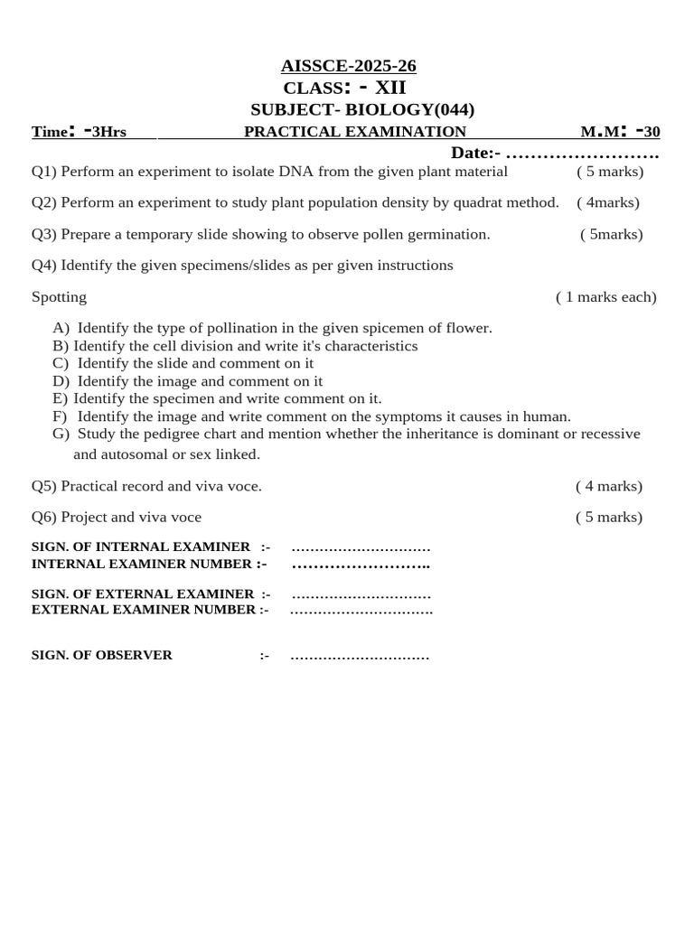 Biology Practical Questions Class 12 (1) | PDF