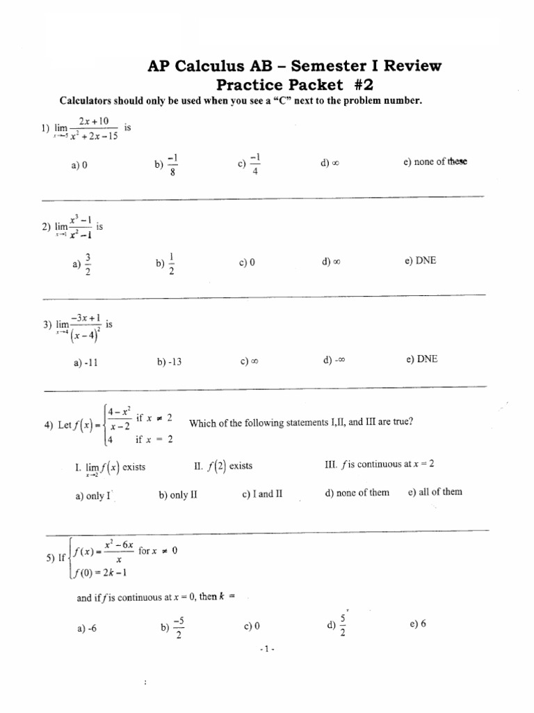 AP Calculus AB - Semester 1 Review - Packet 2 - New | PDF