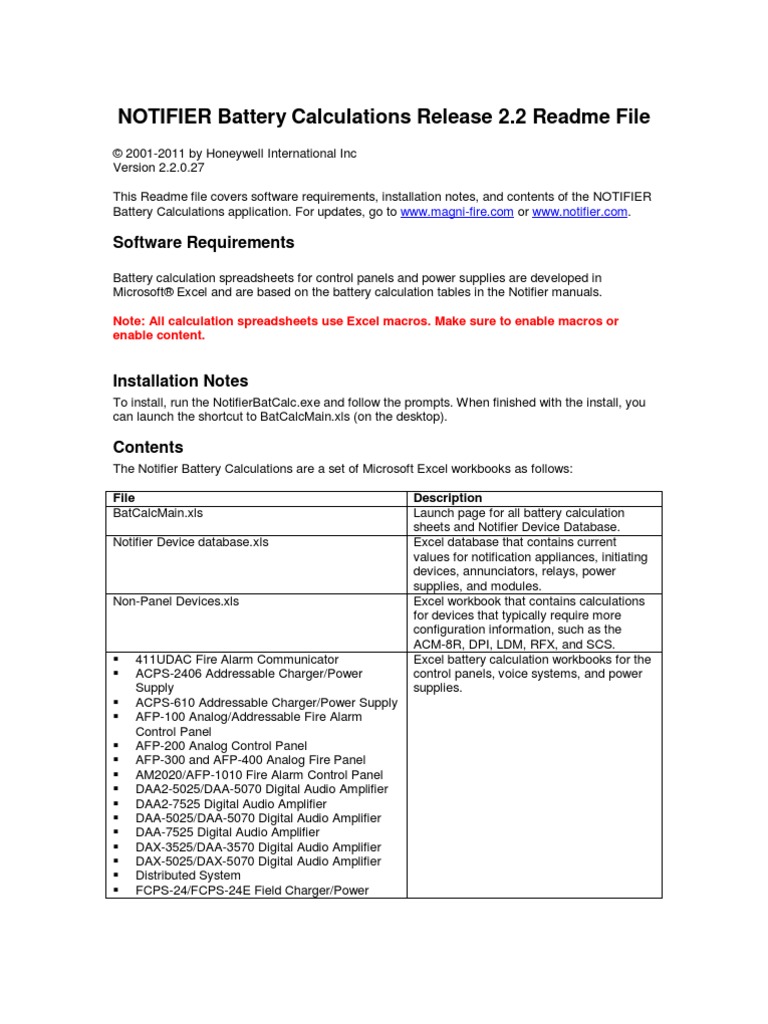 Notifier Battery Calcs 2-2 Readme | PDF | Microsoft Excel | Power Supply