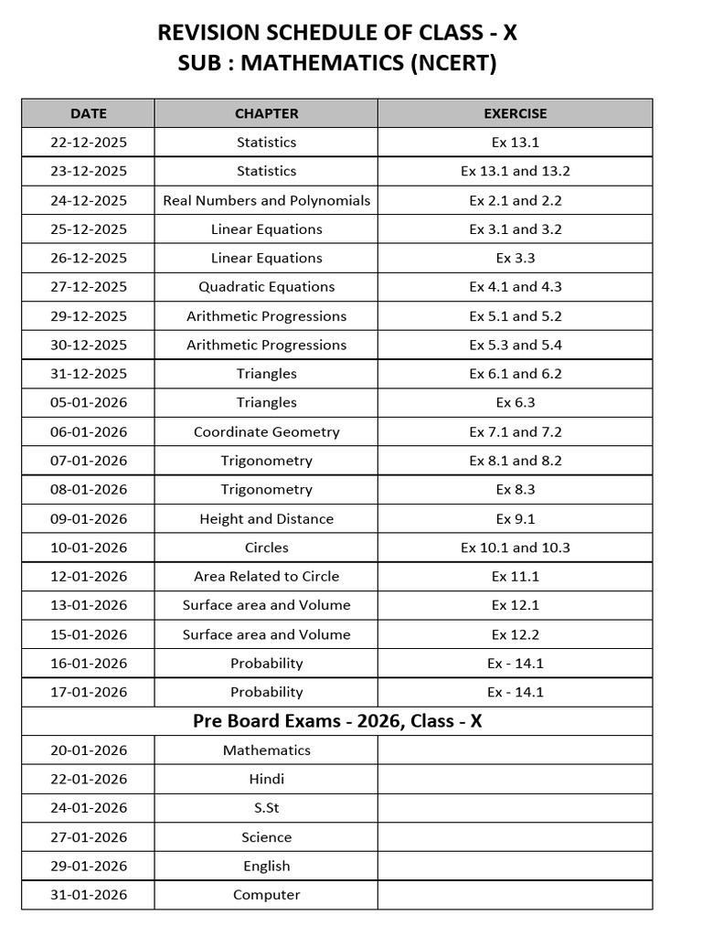 Class X Mathematics Revision Schedule | PDF