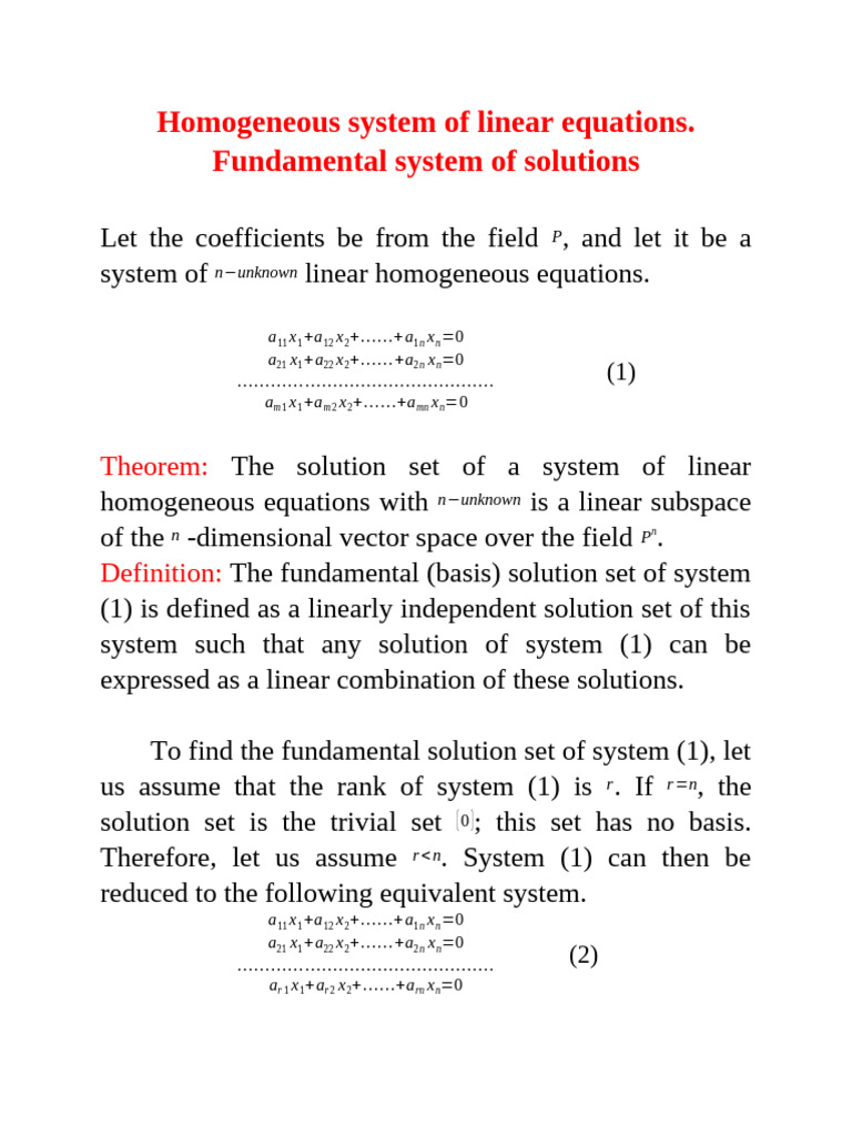 Homogeneous System of Linear Equations,Fundamental | PDF | Basis ...