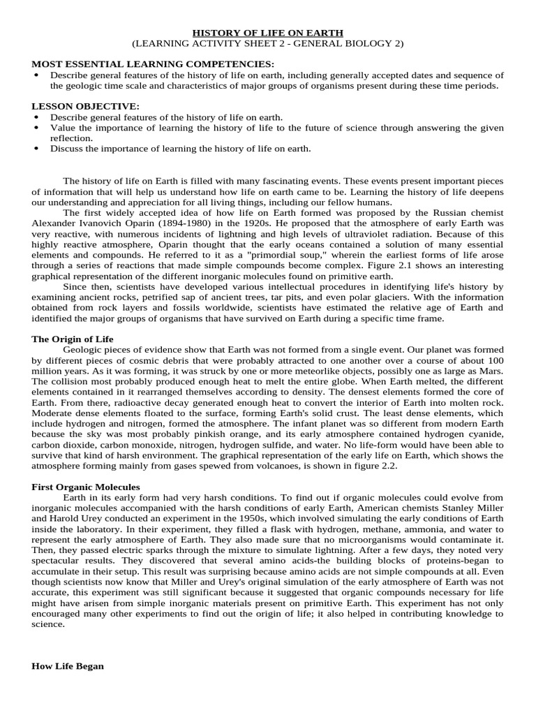 History of Life on Earth | PDF | Abiogenesis | Cell (Biology)
