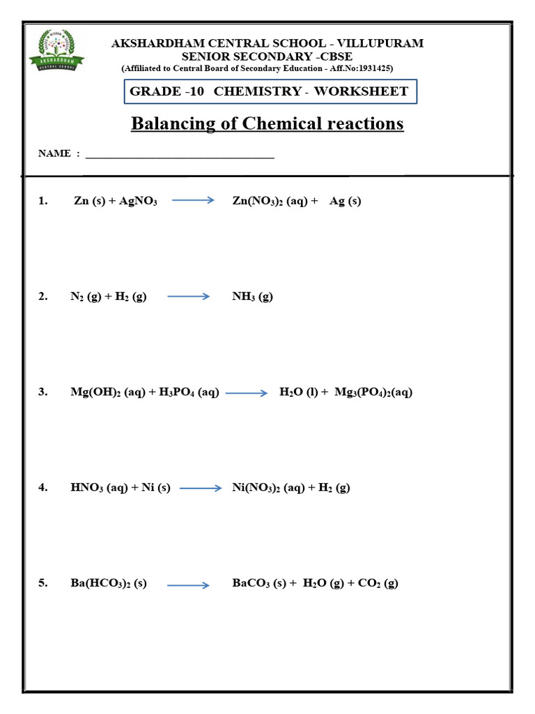 Grade 10 Chemistry Reaction Worksheet | PDF