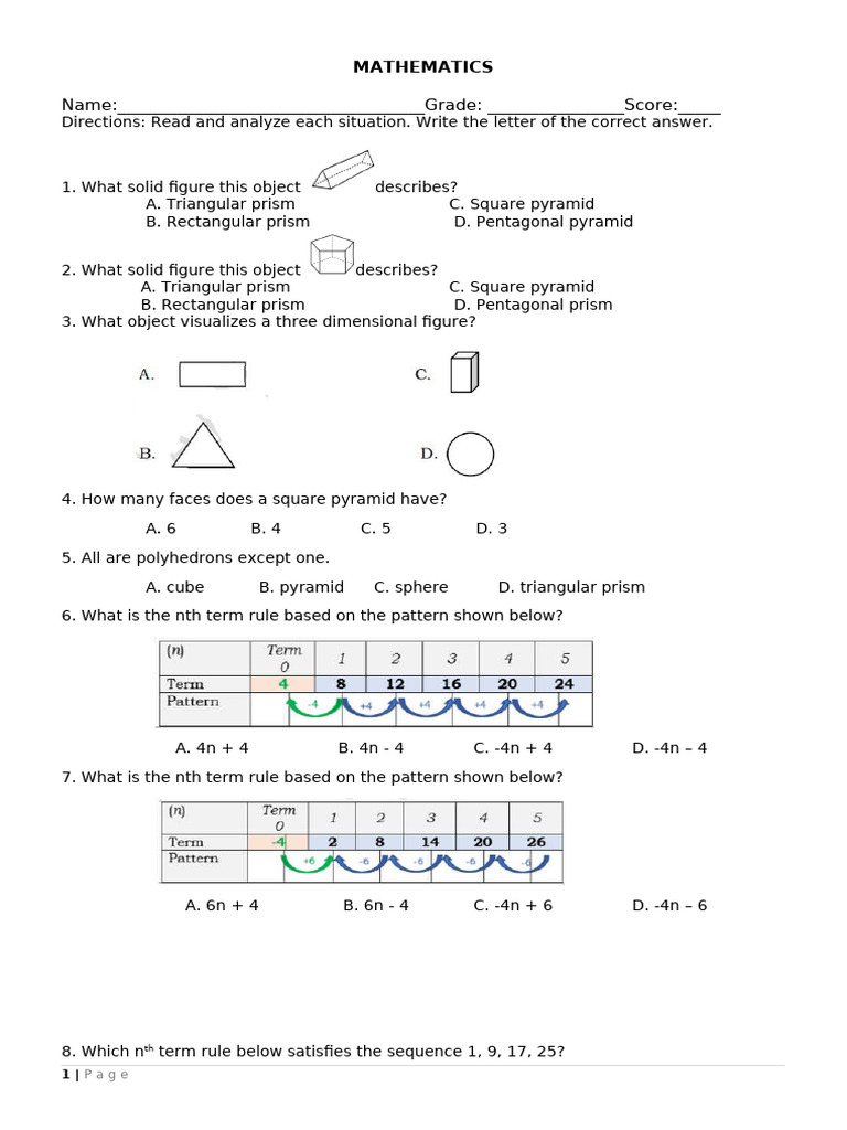 3rd Quarter Mathematics 6 | PDF | Area | Equations