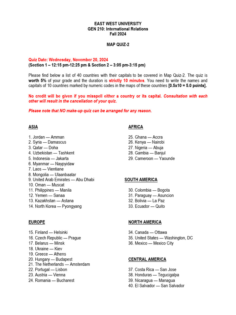 Map Quiz-2 Fall-2024 Country List | PDF | Chess | Chess Openings