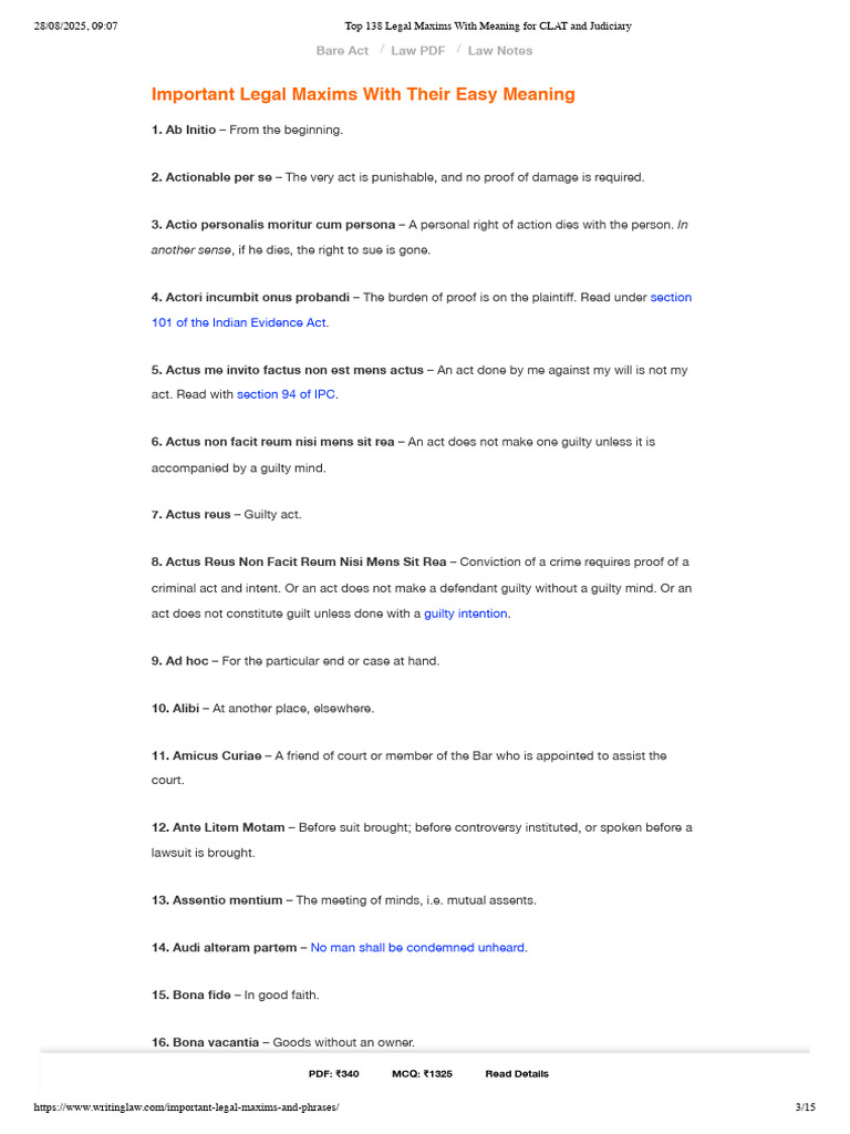 Top 138 Legal Maxims With Meaning for CLAT and Judiciary | PDF | Common ...