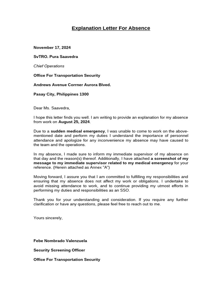 Explanation Letter for Absence | PDF