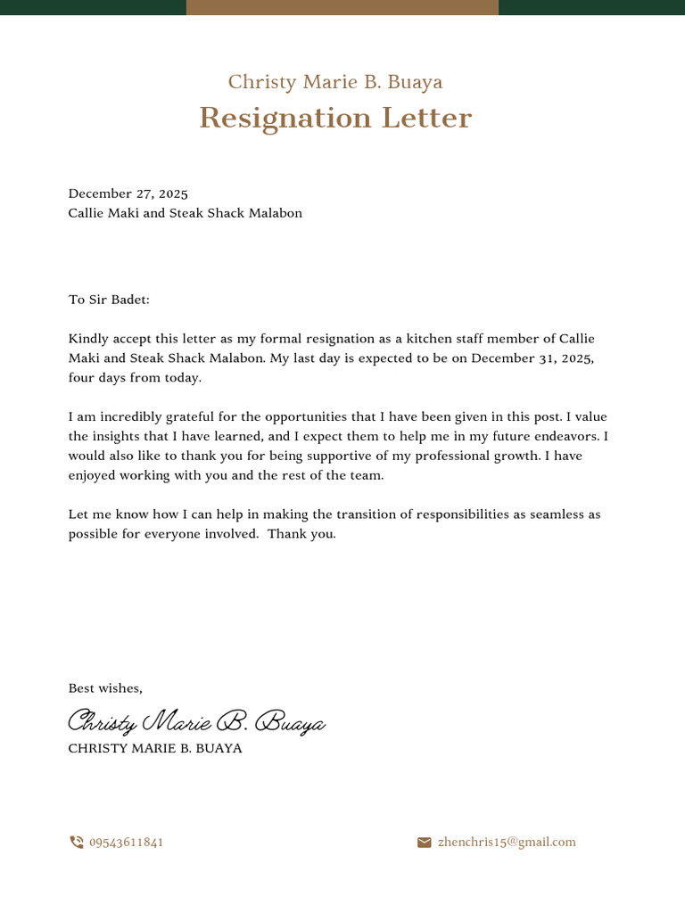 Dark Green Brown Sophisticated Traditional Sample Resignation Letter ...