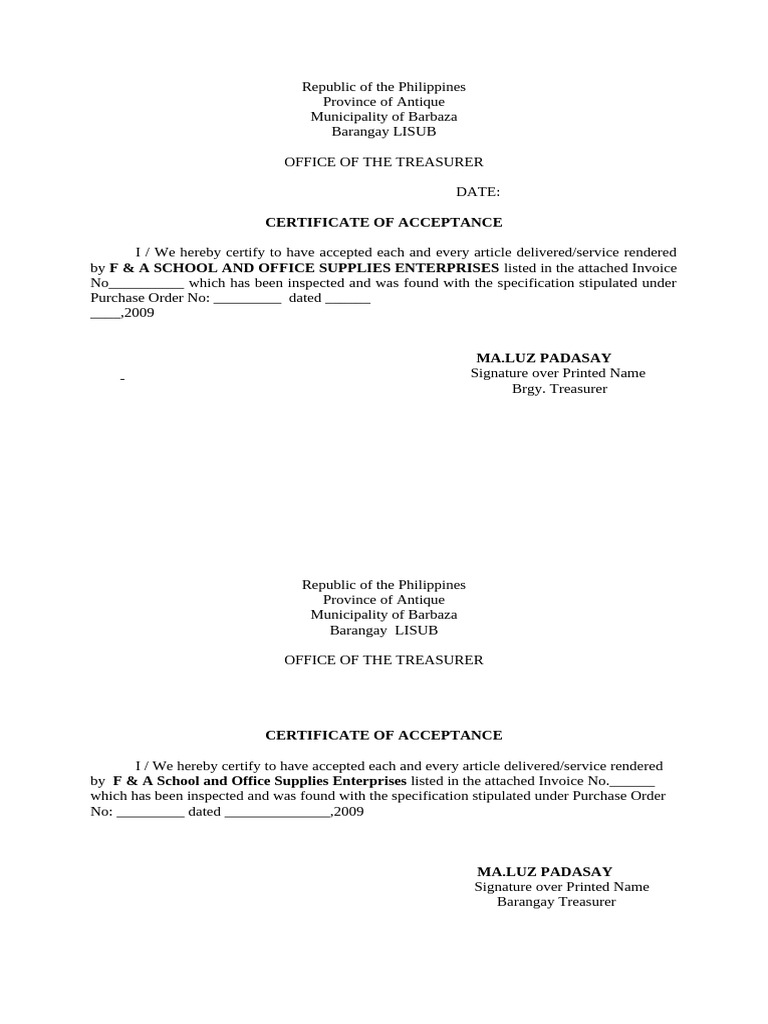 Certificate of Acceptance Lisub | PDF