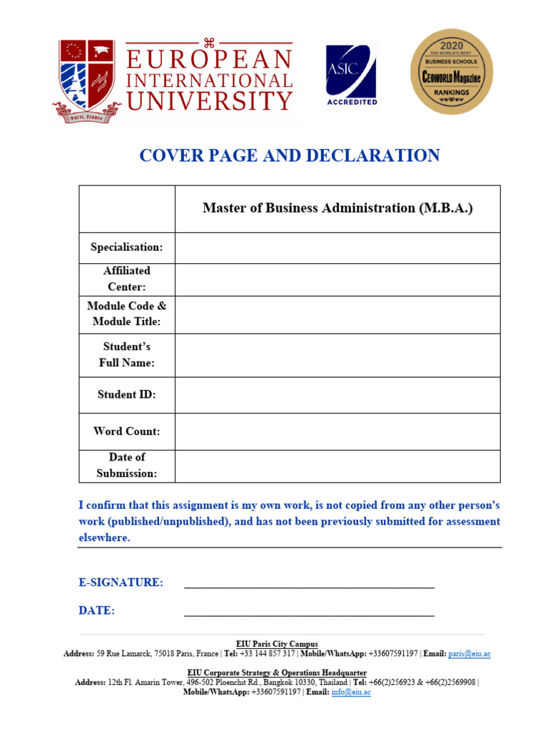 Cover Page and Declaration: Master of Business Administration (M.B.A ...
