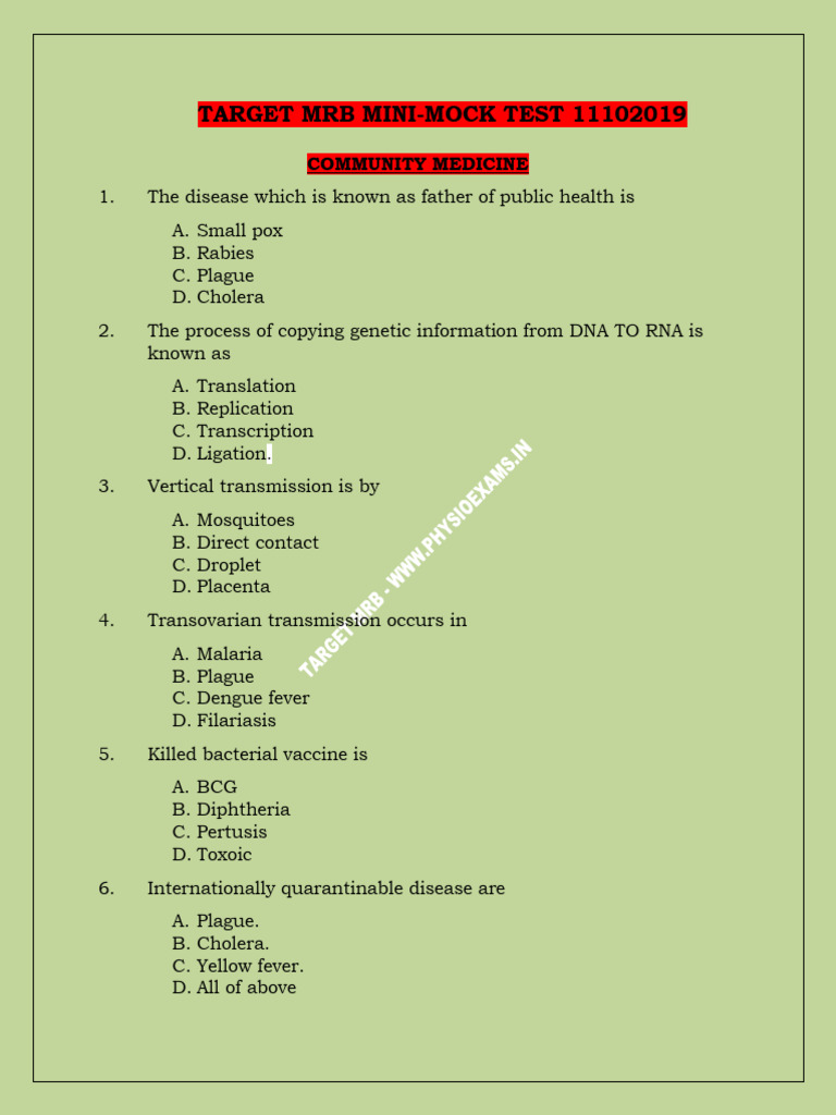 12102019 q Mini Mock Test | PDF | Vaccines | Cholera