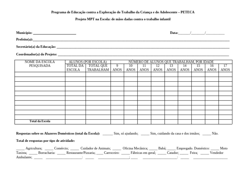Pesquisa sobre Trabalho Infantil - total do MunicÃ­pio | PDF