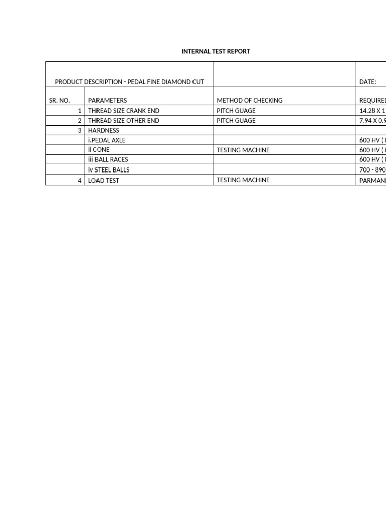 Internal Test Report: Pedal Specifications | PDF