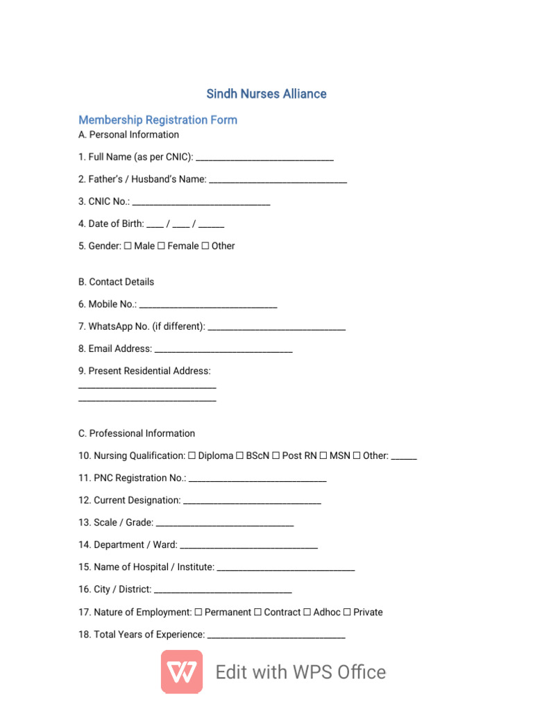 Sindh Nurses Alliance Registration Form | PDF