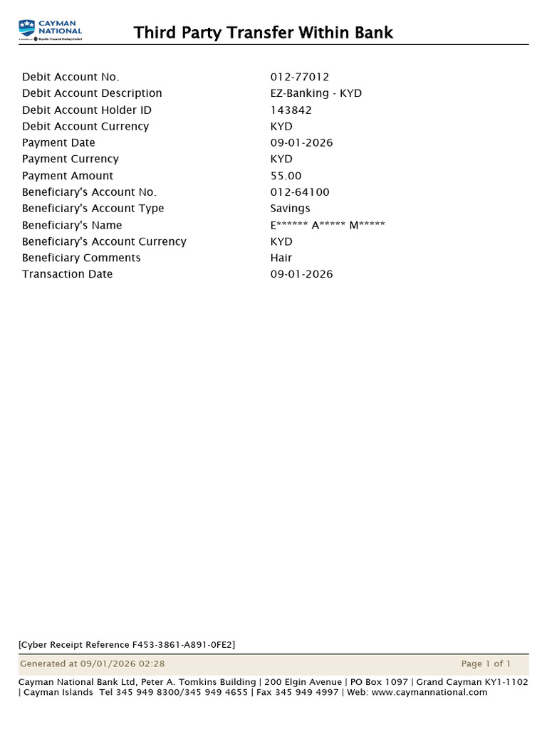 Third Party Transfer Within Bank: Cyber Receipt | PDF