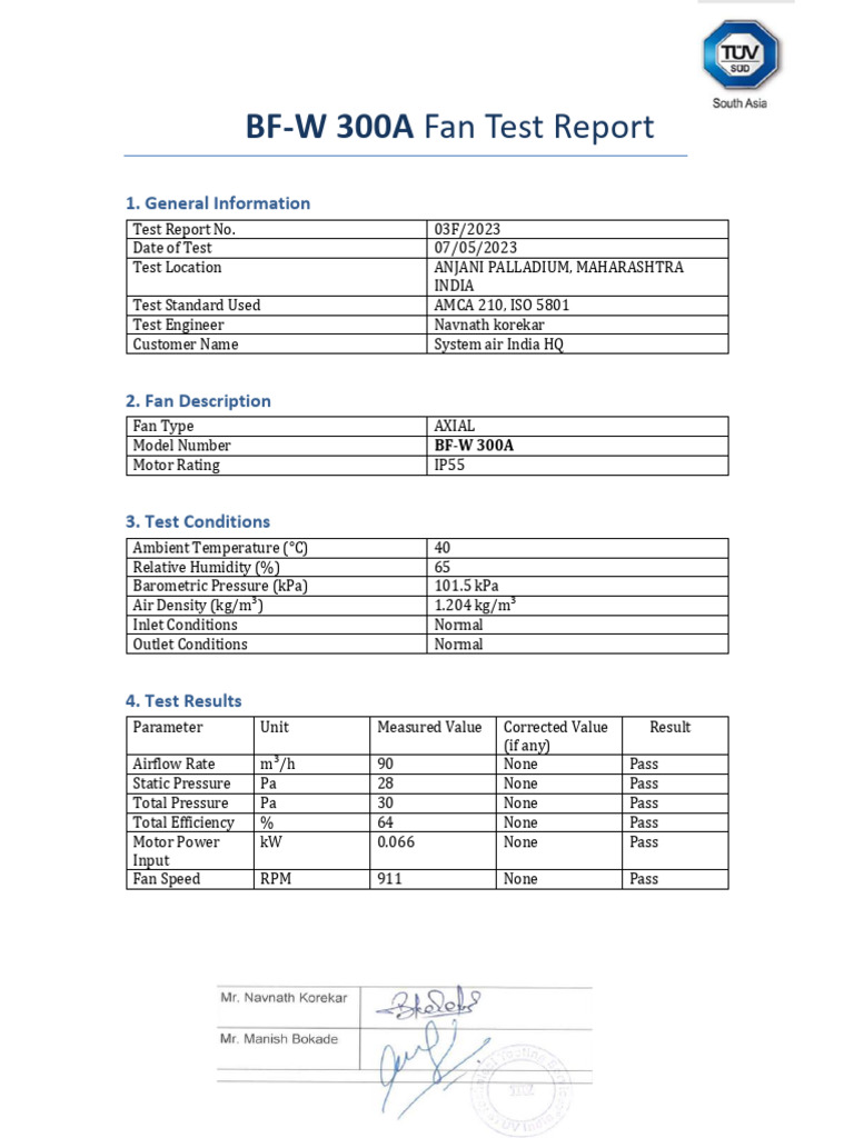Fan Test Report Template BF-W 300A | PDF