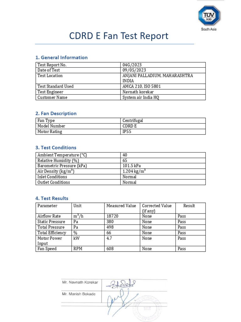 Fan Test Report Template CDRD E | PDF