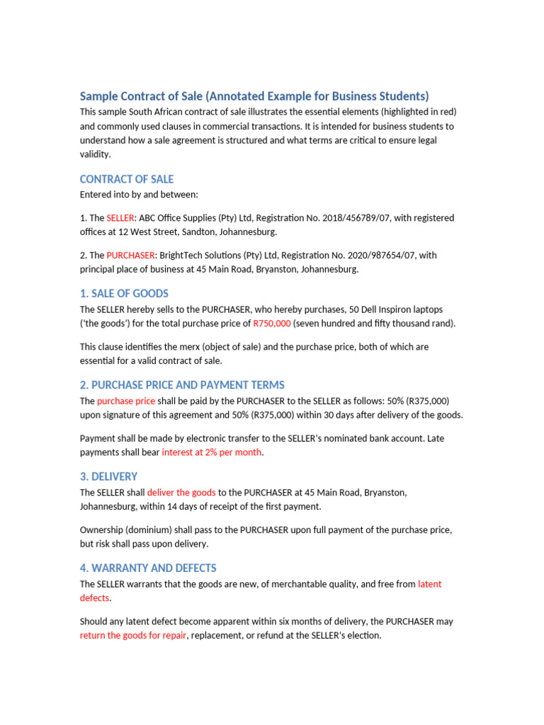Annotated South African Sale Contract | PDF | Private Law | Common Law