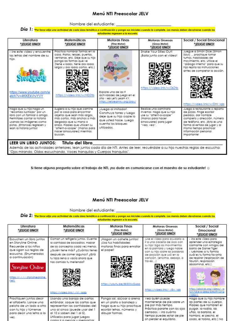 25 - 26 NTI Menu Spanish - Preschool | PDF