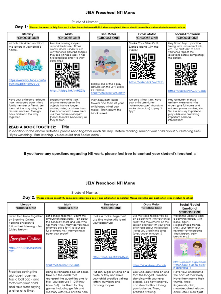 JELV Preschool NTI Activity Menu | PDF