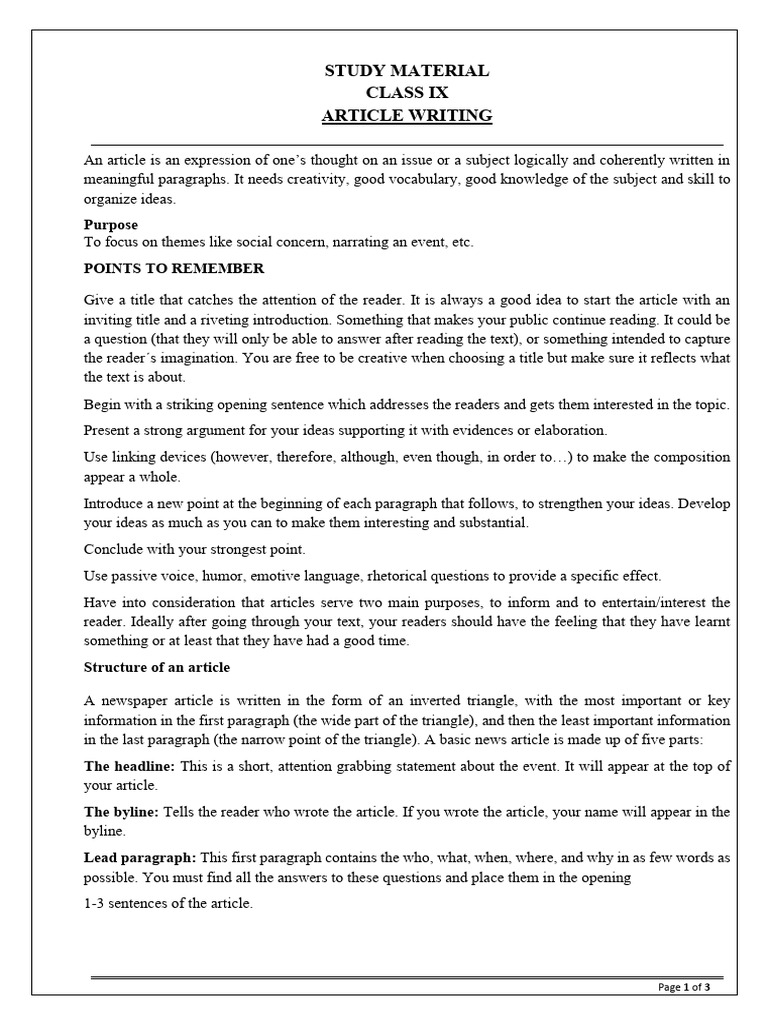 English Language Writing Skill Class IX - Topic - Magazine Article 13 ...