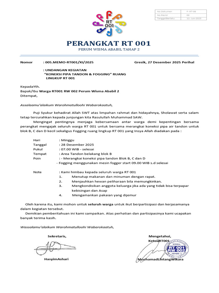 Undangan Kegiatan Fogging dan Pipa RT 001 | PDF