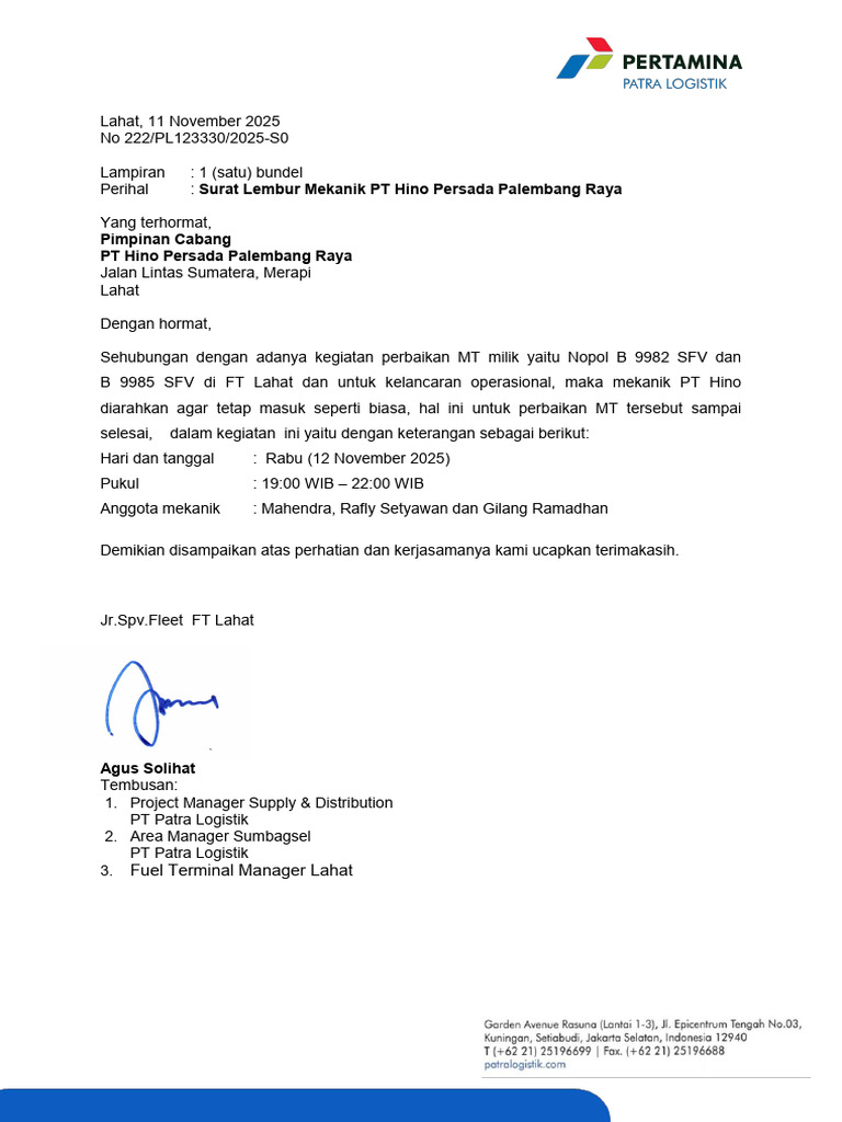 Surat Lembur Mekanik PT Hino Lahat | PDF