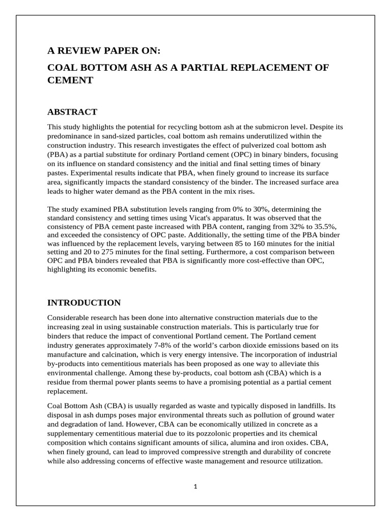 A REVIEW PAPER ON COAL BOTTOM ASH AS A PARTIAL REPLACEMENT OF CEMENT ...