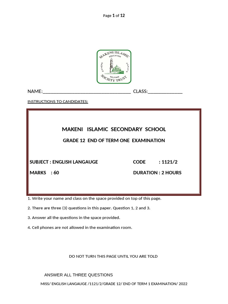 Grade 12 English Exam | PDF | Radical (Chemistry) | Oxygen