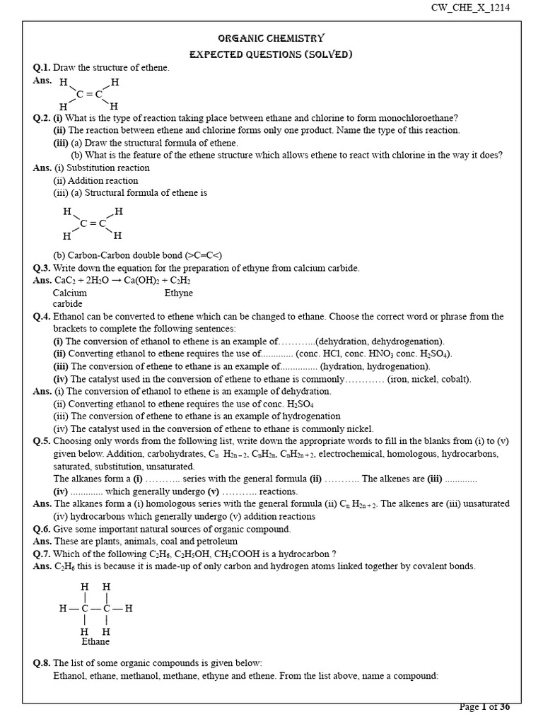 CW - CHE - X - 1214 Organic Chemistry Expected Questions | PDF ...