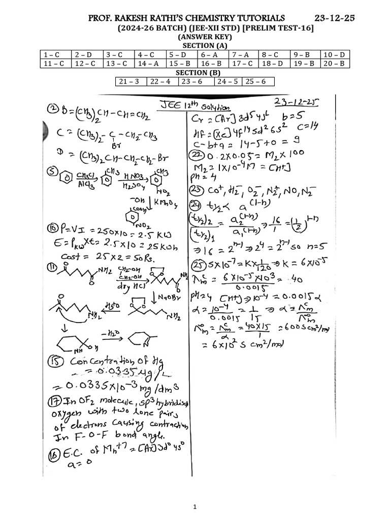 17) Xii Jee-mains Online Test 23-12-25 Answer Key | PDF