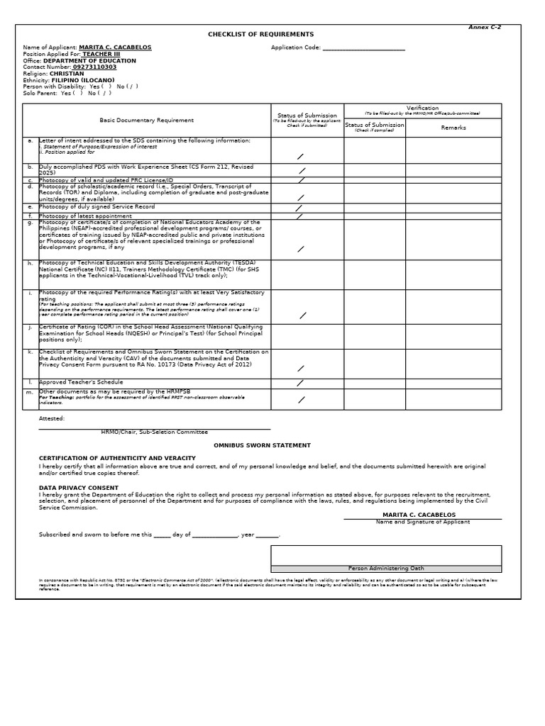 Teacher III Application Requirements Checklist | PDF | Certification