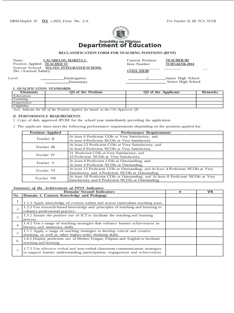 Reclassification Form Teacher I VI (1) | PDF | Learning | Educational ...
