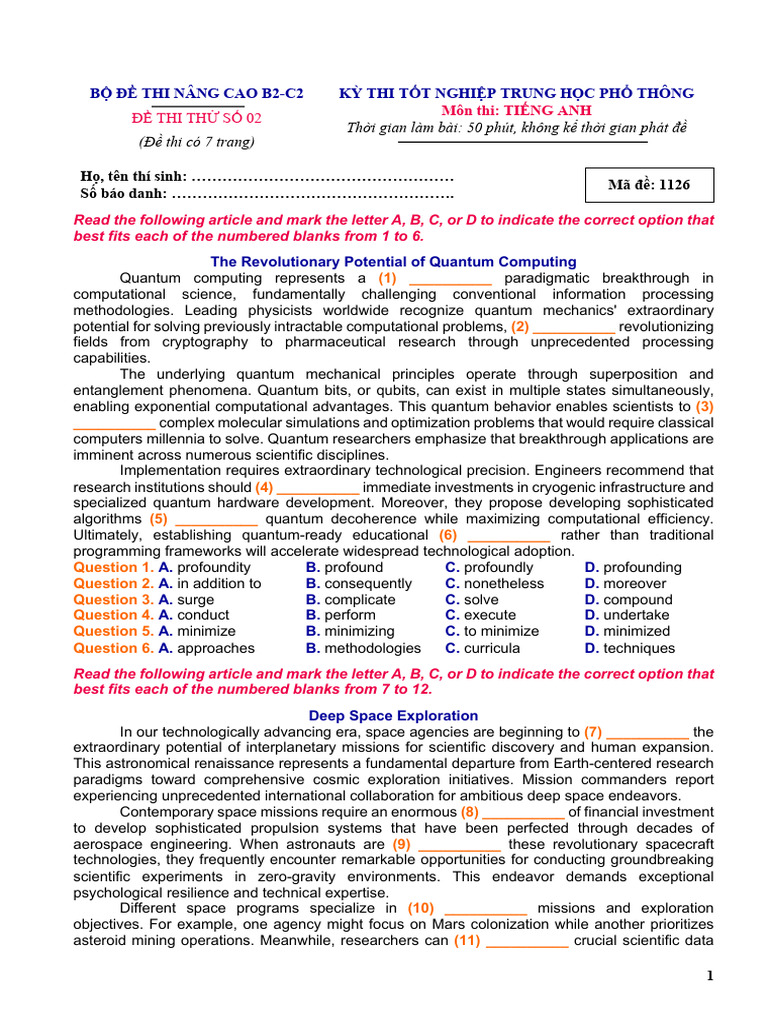 B2-C2 English Exam Practice Test | PDF | Agriculture | Quantum Computing