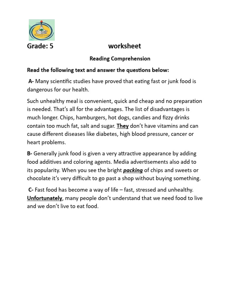 Junk Food Reading Comprehension Worksheet | PDF | Junk Food | Nutrition