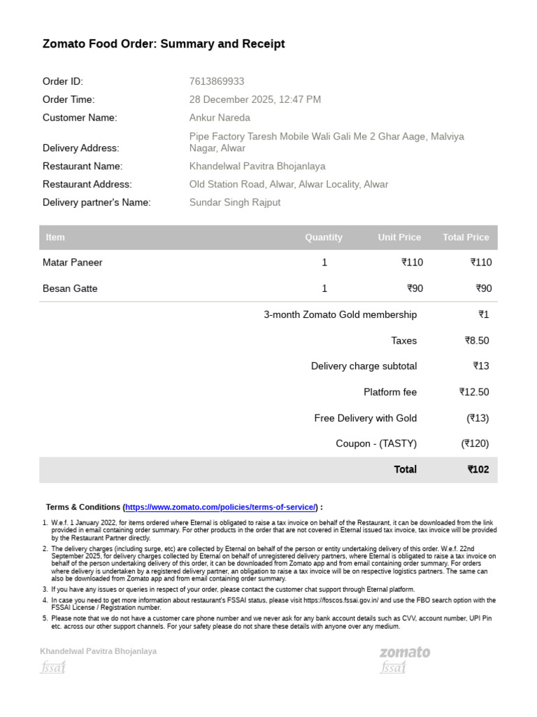 Zomato Order Summary and Receipt | PDF