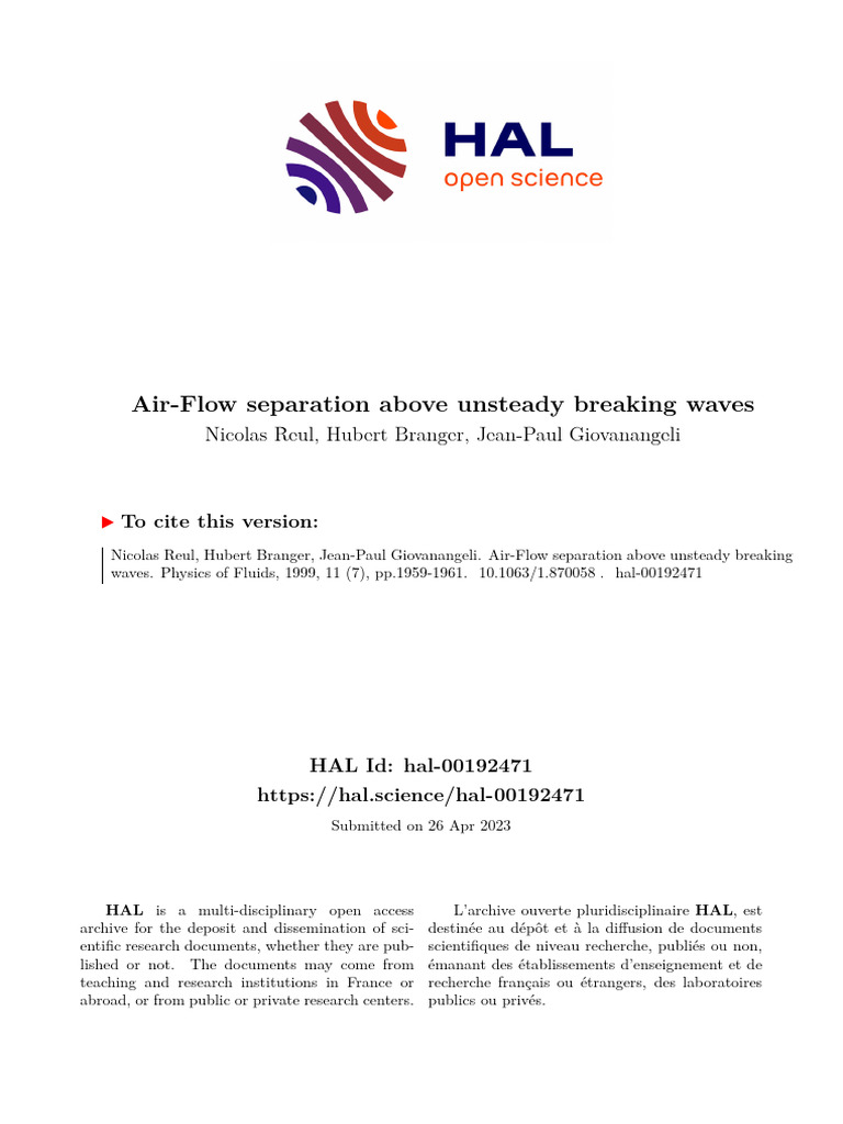 Reul - PoF (1999) - Air-Flow Separation Above Unsteady Breaking Waves ...
