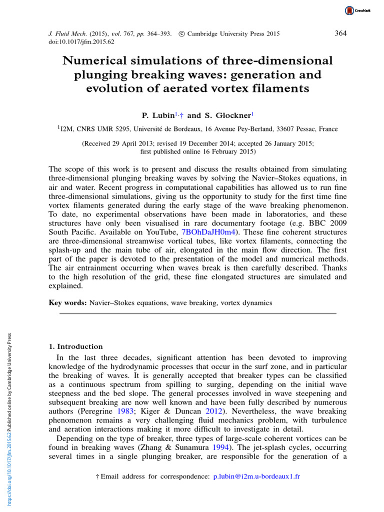 Lubin JFM(2015) Numerical Simulations of Three Dimensional Plunging ...