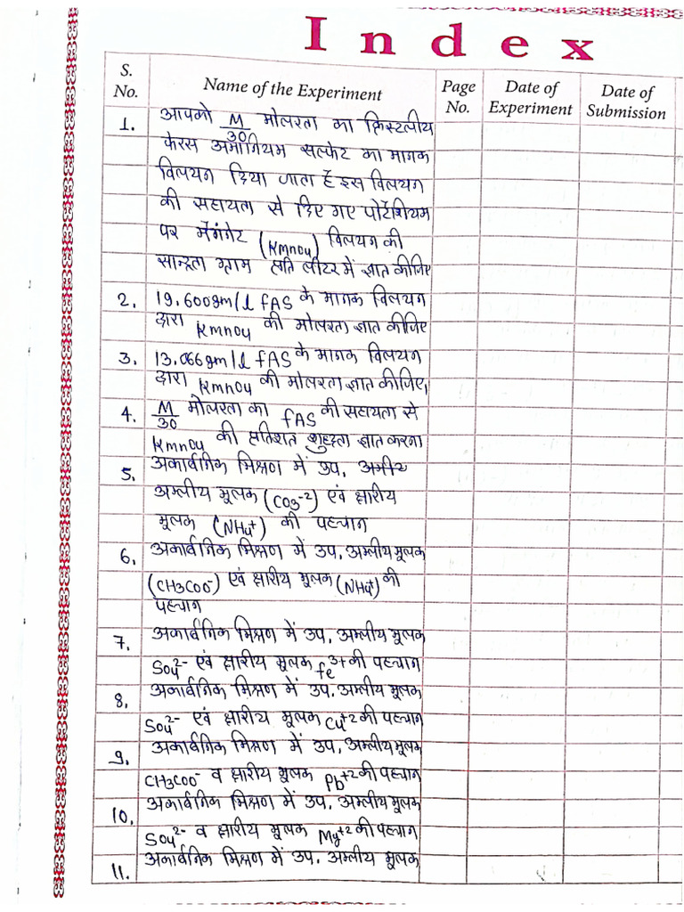 Chemistry Practical Index | PDF
