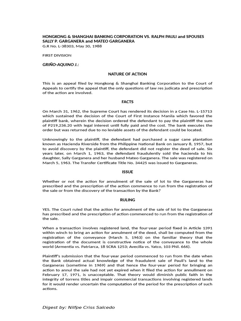 144. ObliCon Case Digest - Hongkong Shanghai Bank vs. Pauli | PDF | Lawsuit | Private Law