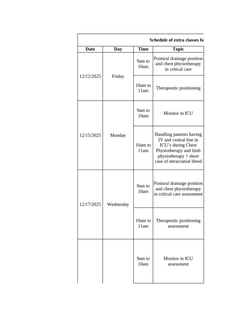 December 2025 BPT Extra Classes Schedule | PDF | Pulmonology | Therapy