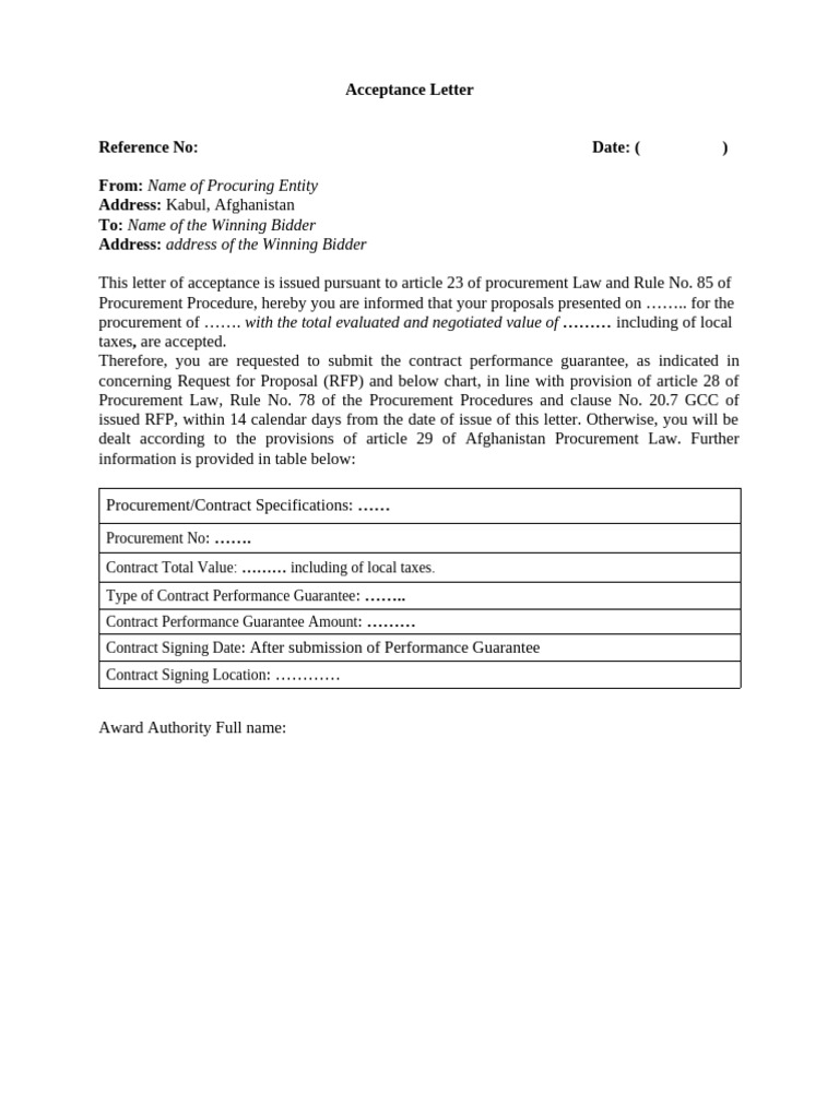 Procurement Acceptance Letter Template | PDF